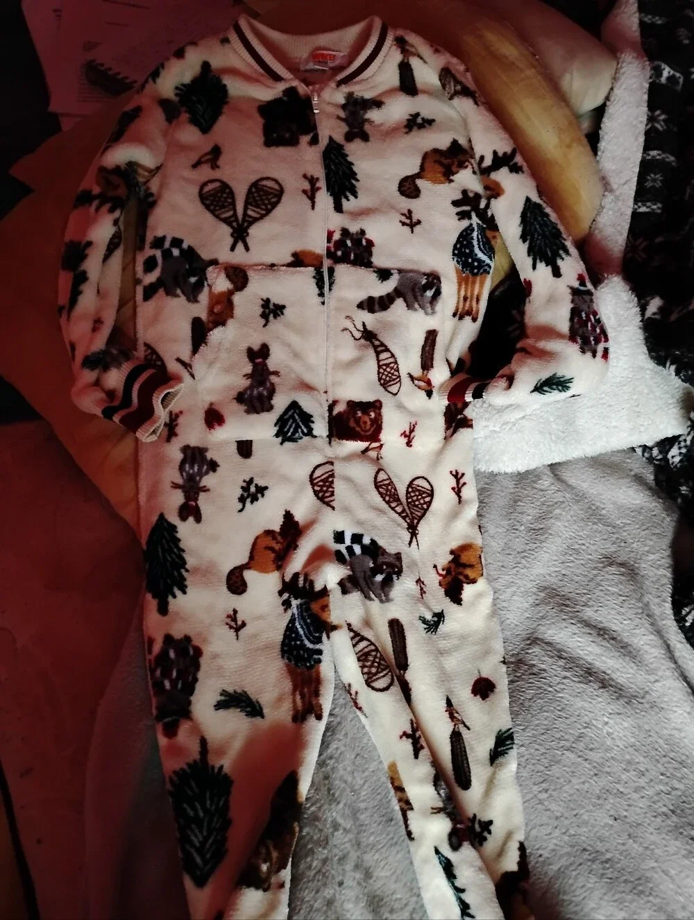 One Pieces | Cream Forest Animal Fleece Kids Footed Onepiece Pajamas ...